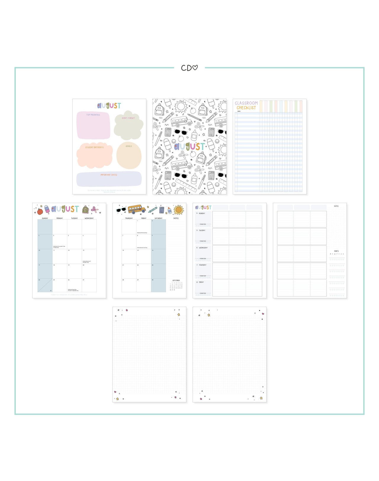 Happy Daisy Teacher Planner August Pages - Callie Danielle Shop
